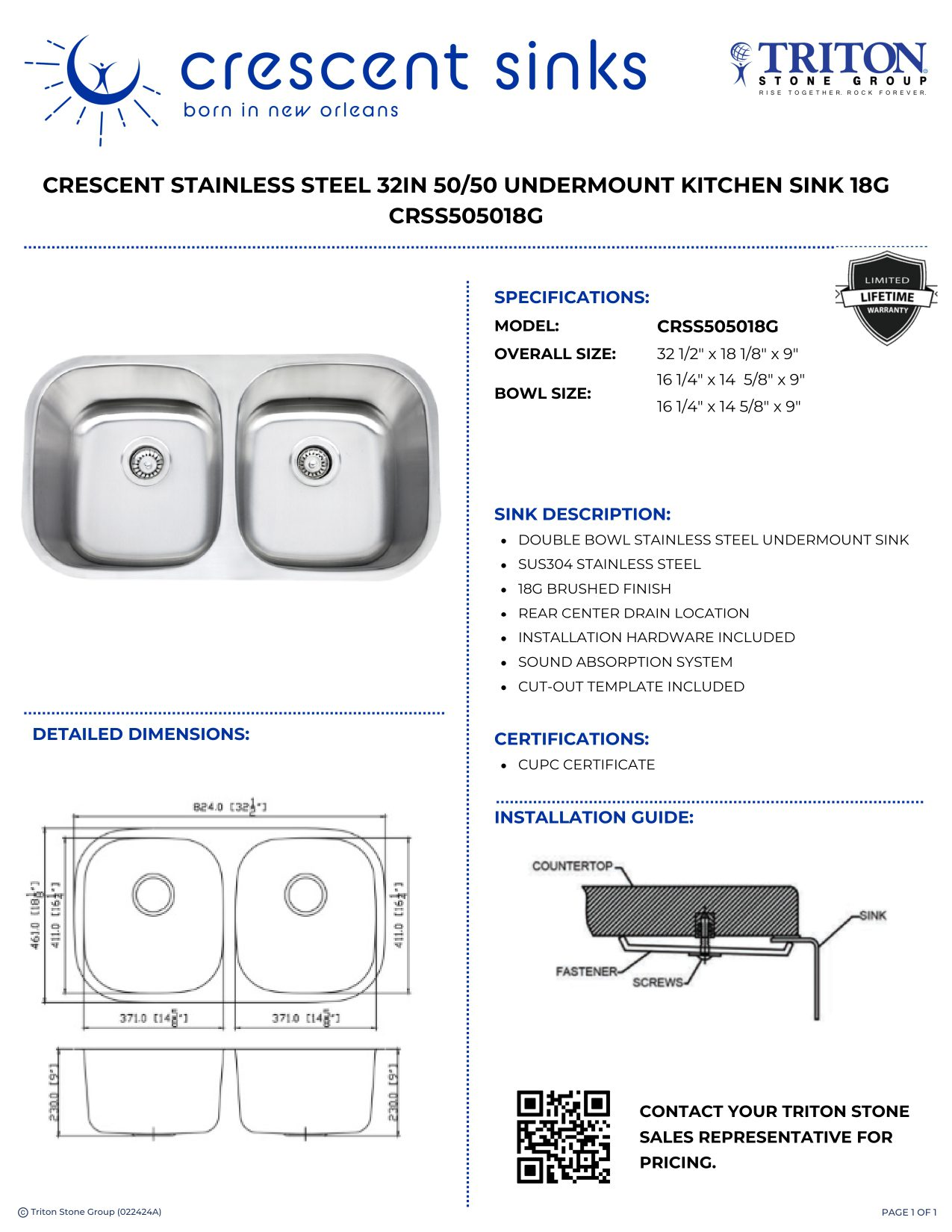 Crescent 5050 Double Bowl Stainless Steel Sink -18g - Granite America